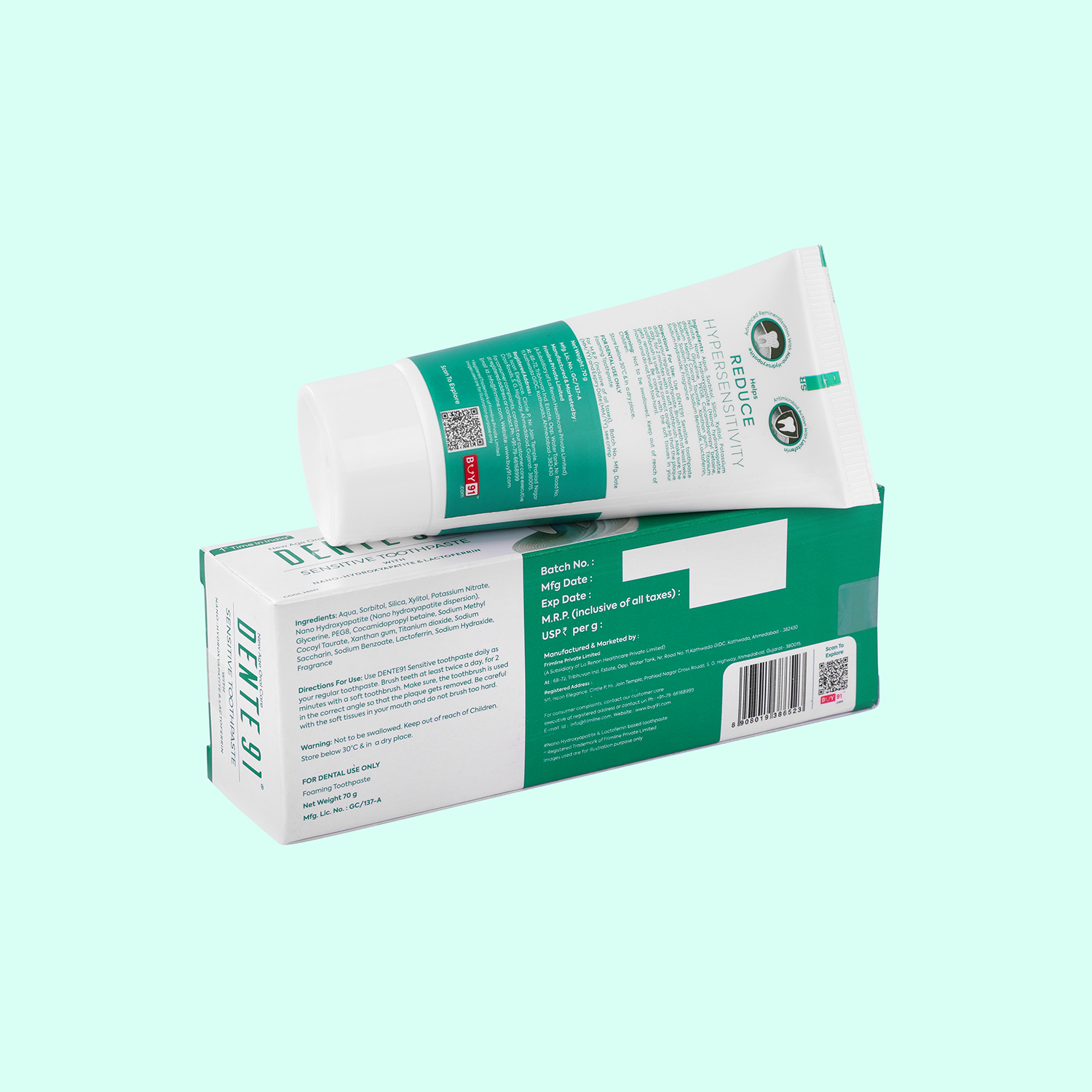 Dente91 Sensitive Toothpaste - For Hypersensitivity & Teeth Strengthening